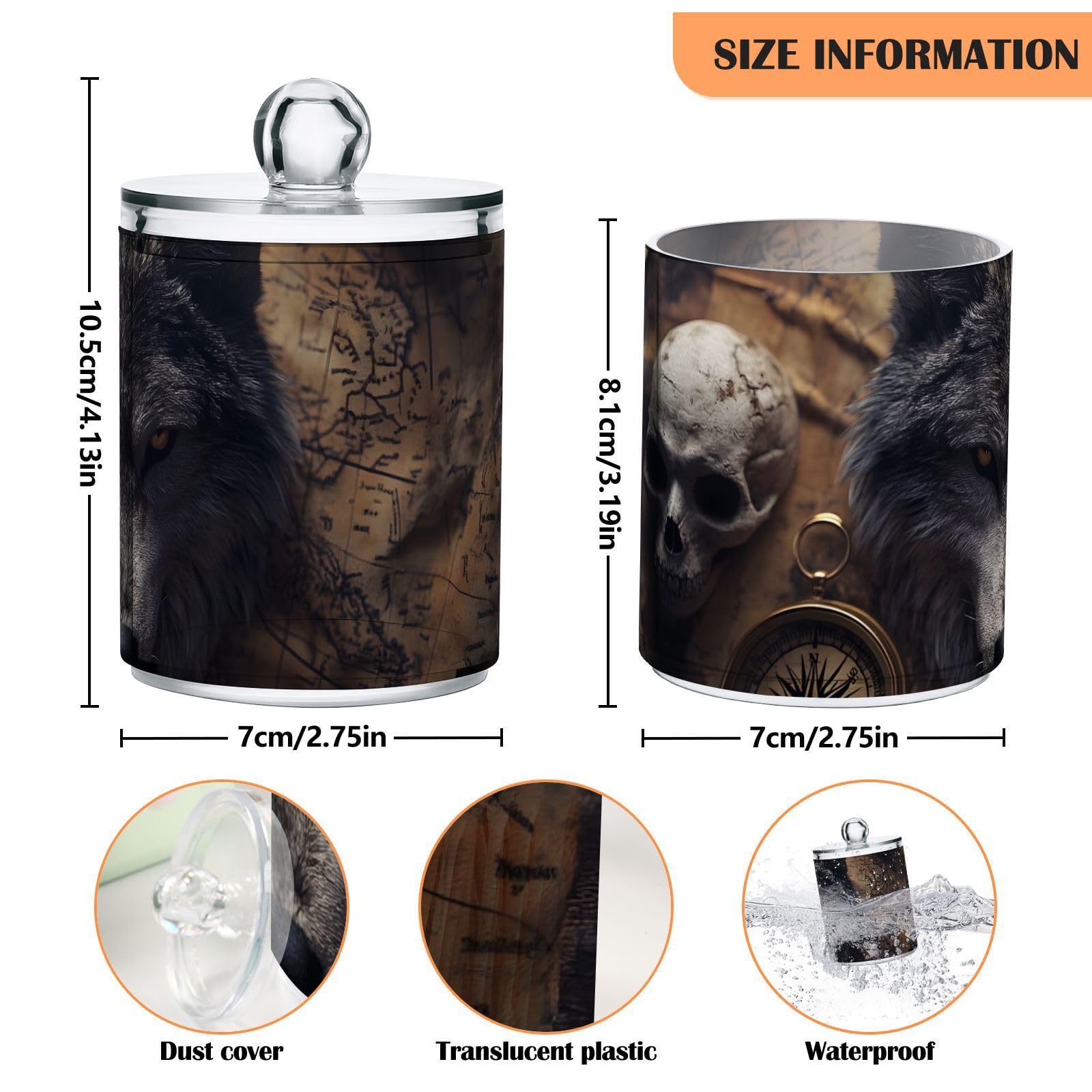 YMGQYJ 2 Pack Wolf Head Map Qtip Cotton Ball Holders Dispenser with Lid, Plastic Jars Bathroom Canisters Storage Organizer