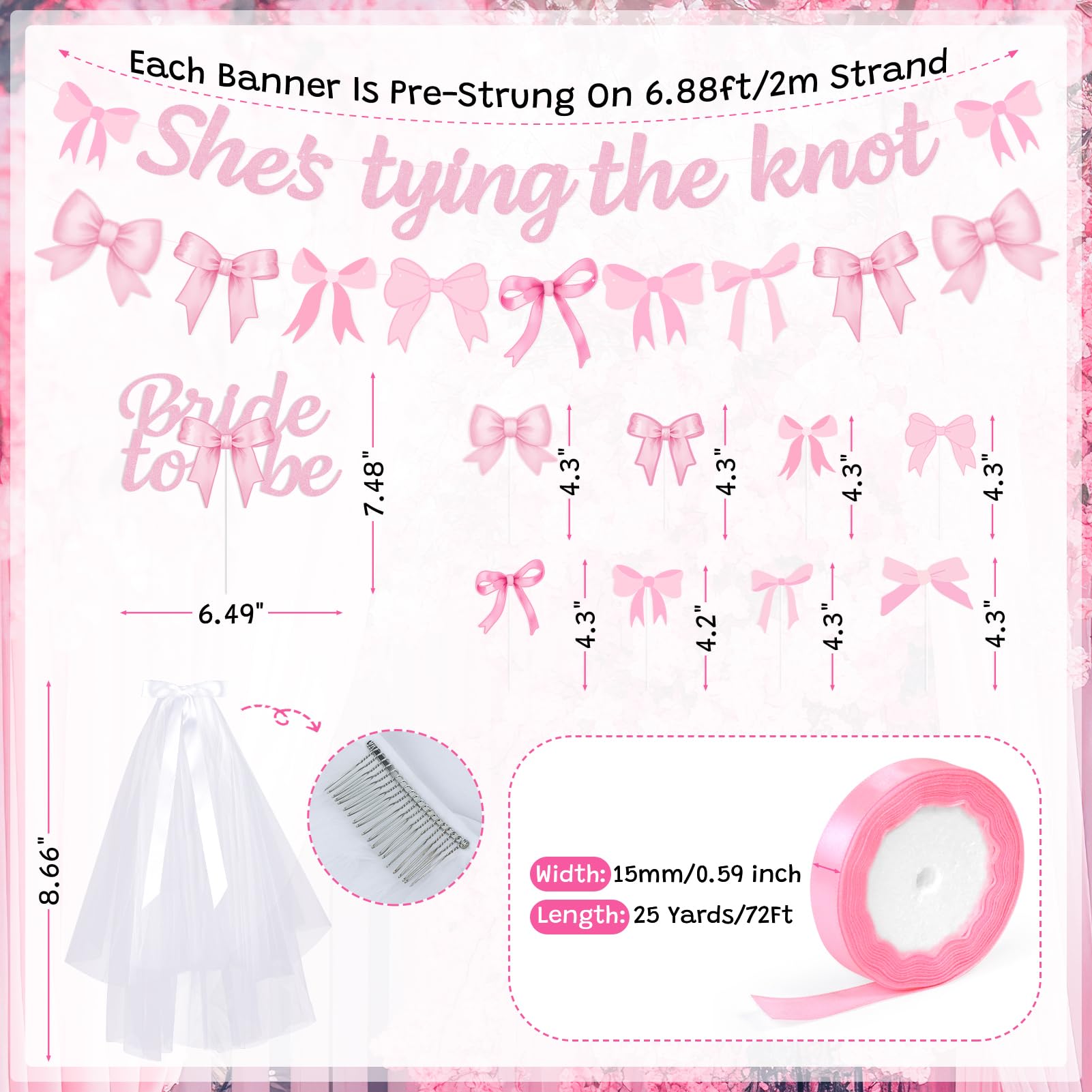 She's Tying The Knot Bridal Shower Party Decorations, Pink Bow Coquette Bachelorette Party Supplies, Bow Balloon Arch, She's Tying The Knot Banner, Bride To Be Cake Topper, Bow Veil & Satin Ribbon