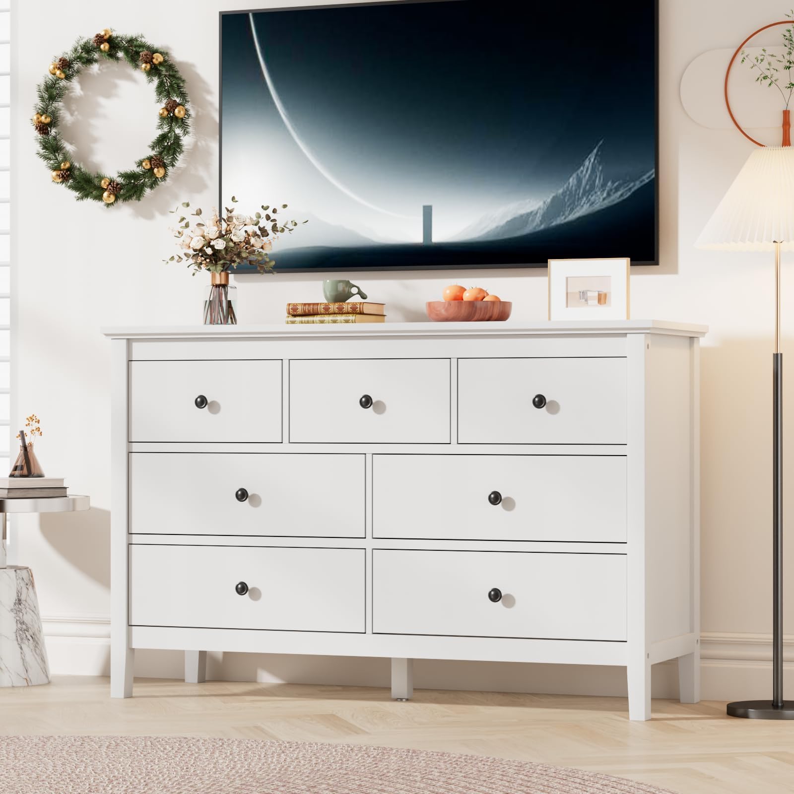 CARPETNAL White Dresser for Bedroom, 7 Drawer Dresser with Wide Drawers and Metal Handles, Woode Dressers & Chests of Drawers for Hallyway, Entryway.