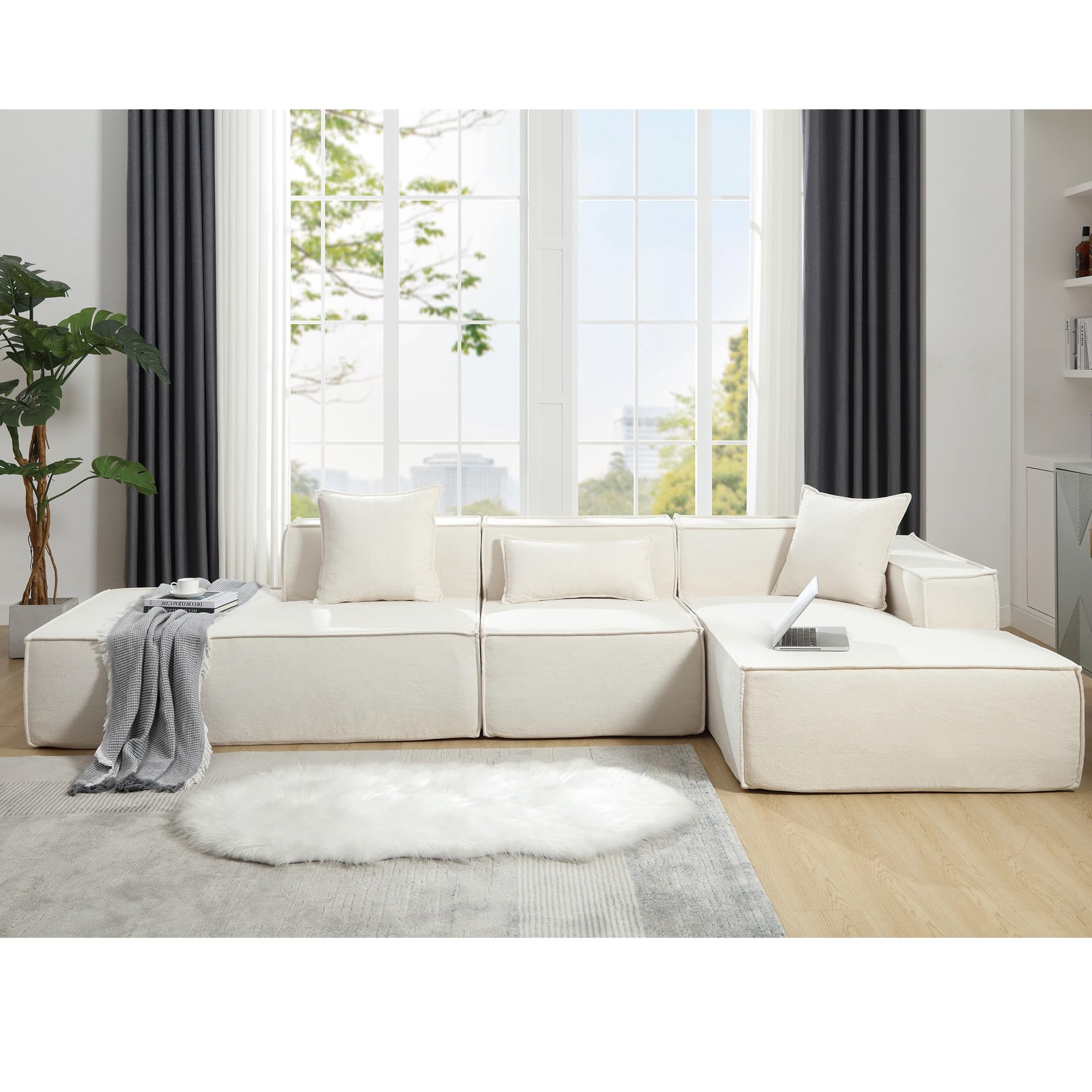 129" L-Shape Modular Sectional Sofa Couch—Comfy Modern Minimalist Upholstered Corn Cloud Couches for Living Room Apartment, Deep Seat, No Assembly Required (Beige, Right Facing Chaise)