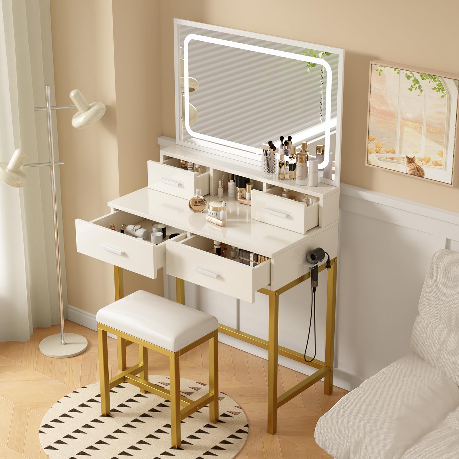 Makeup Vanity with Mirror and Lights, Vanity Desk Table with 2 Drawers, Extra Storage Boxes and Hairdryer Holder, 3 Color Modes Available, Vanity Desk with Chair Set for Bedroom, White