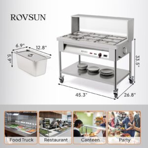 ROVSUN Electric Commercial Food Warmer 72QT 1500W, 9-Pan Steam Table 8QT/Pan Stainless Steel Bain Marie w/Acrylic Shield Overshelf Undershelf Temperature Control & Lid for Buffet Restaurant 110V