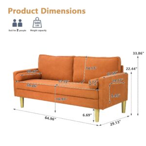 Aoowow Orange Loveseat Sofa Couch, 2 Seater Sofa Futon Lounge Sofa for Bedroom, Mid Century Modern Decor Office Love Seat Couches with Side Pockets and Round Pillows, Small Couches for Living Room