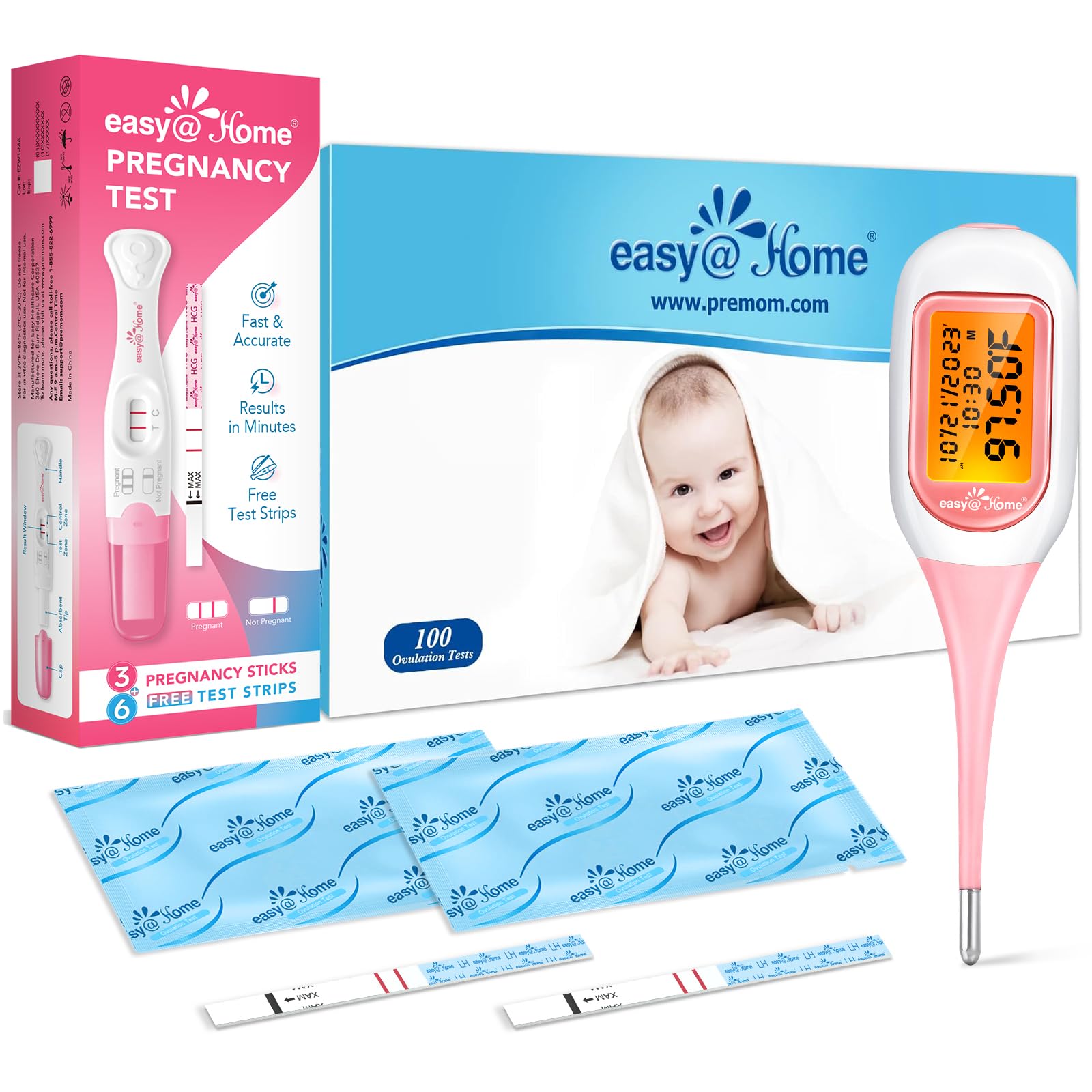 Easy@Home Pregnancy Test Sticks + Easy@Home Smart Basal Thermometer + Easy@Home Ovulation Test Strips (100-pack)