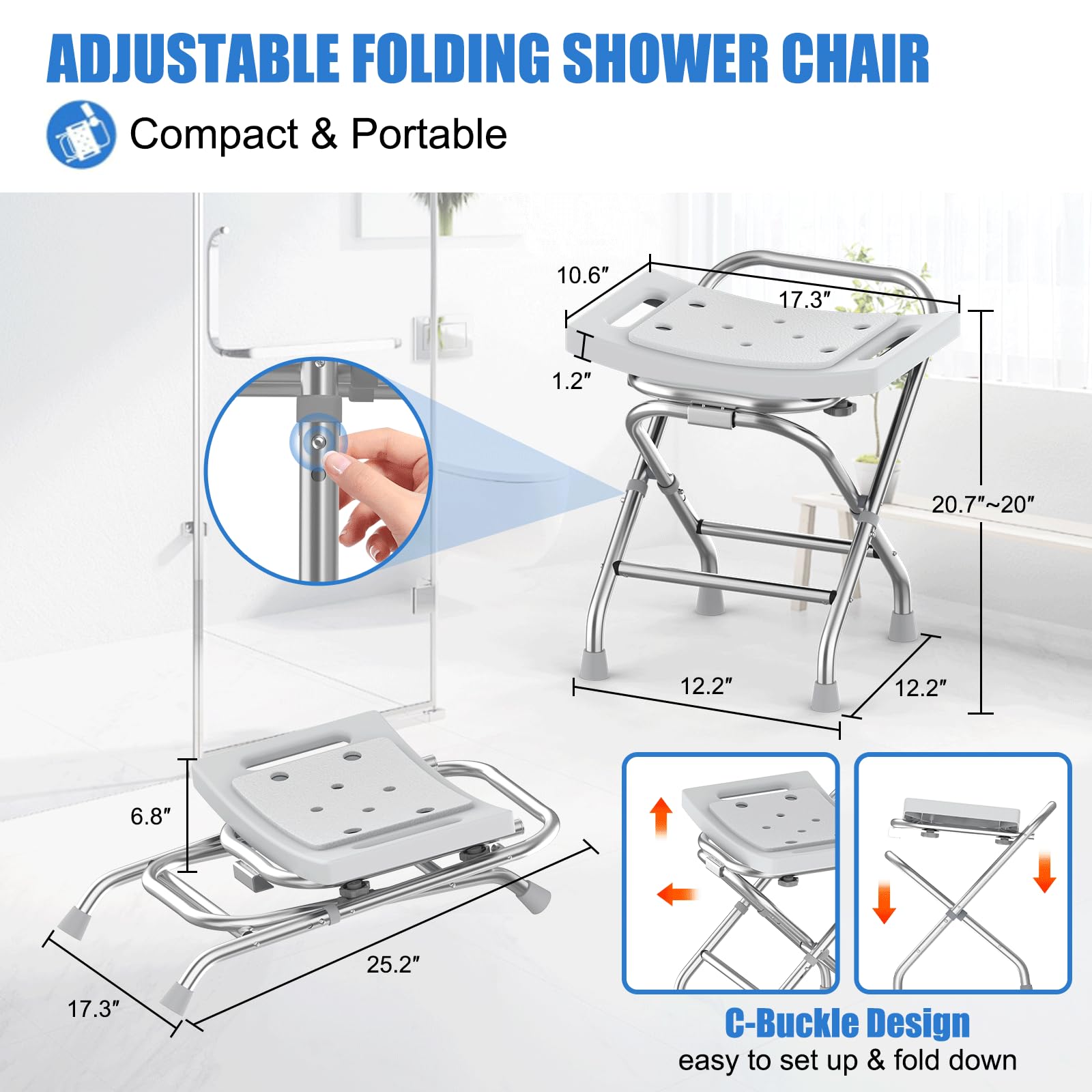 UGarden Height Adjustable Folding Shower Chair Seat, Stainless Steel Shower Chair for Inside Shower w/Crossbar, 400LB Portable Travel Shower Stool, Safety Anti-slip Bath Chair for Seniors, Adults,Gray