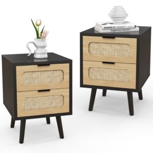 hopubuy nightstands set of 2 with rattan drawer, modern night stand for bedrooms, wooden 2 drawer bedside table side table for small place living room and bedroom (black, 2 drawers 2 pack)