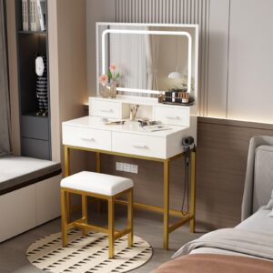 makeup vanity with mirror and lights, vanity desk table with 2 drawers, extra storage boxes and hairdryer holder, 3 color modes available, vanity desk with chair set for bedroom, white