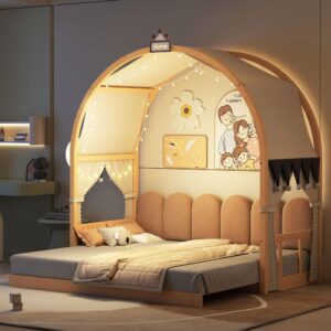 polibi twin size extended bed with arched canopy, trundle and light strip, wooden canopy bed with whiteboard (natural)