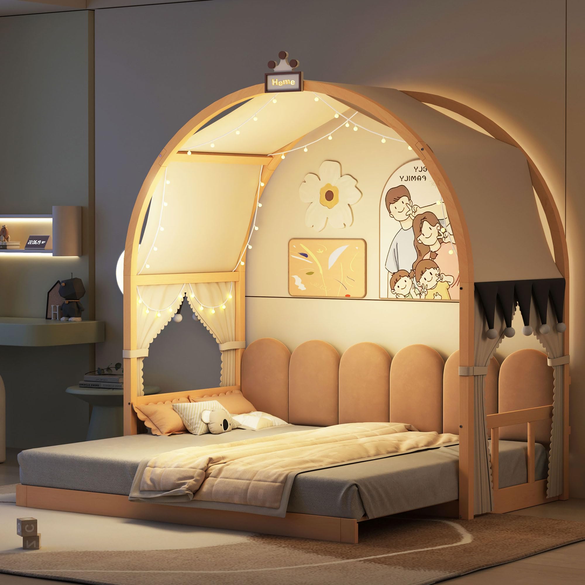 Polibi Twin Size Extended Bed with Arched Canopy, Trundle and Light Strip, Wooden Canopy Bed with Whiteboard (Natural)