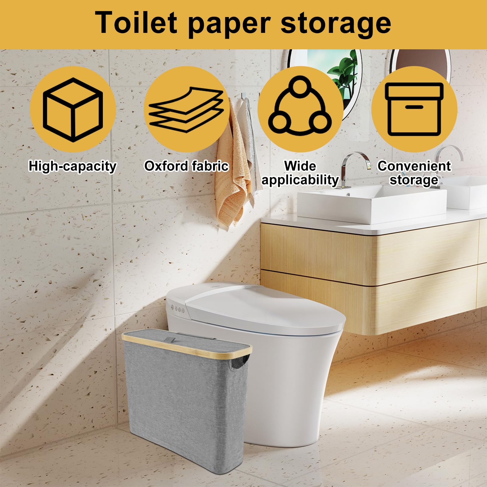 Toilet Paper Storage, Toilet Paper Basket, Toilet Paper Roll Basket, Large Capacity Holds up to 12 Toilet Paper Roll Basket with Side Window Foldable Toilet Paper Bin for Home (Gray)