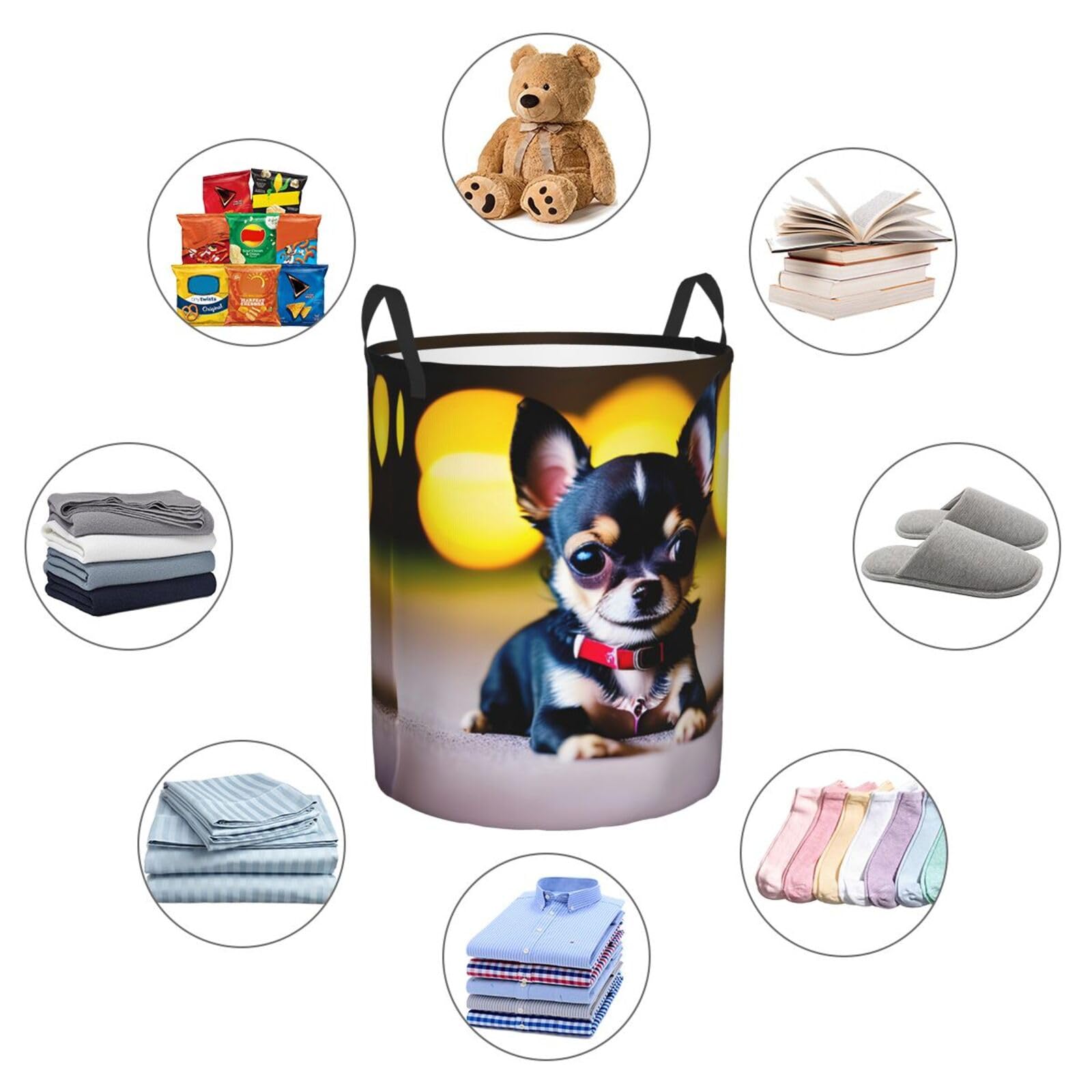 Chihuahua Dog print Dirty laundry basket Foldable round tote bag Home decor Easy collection gift basket