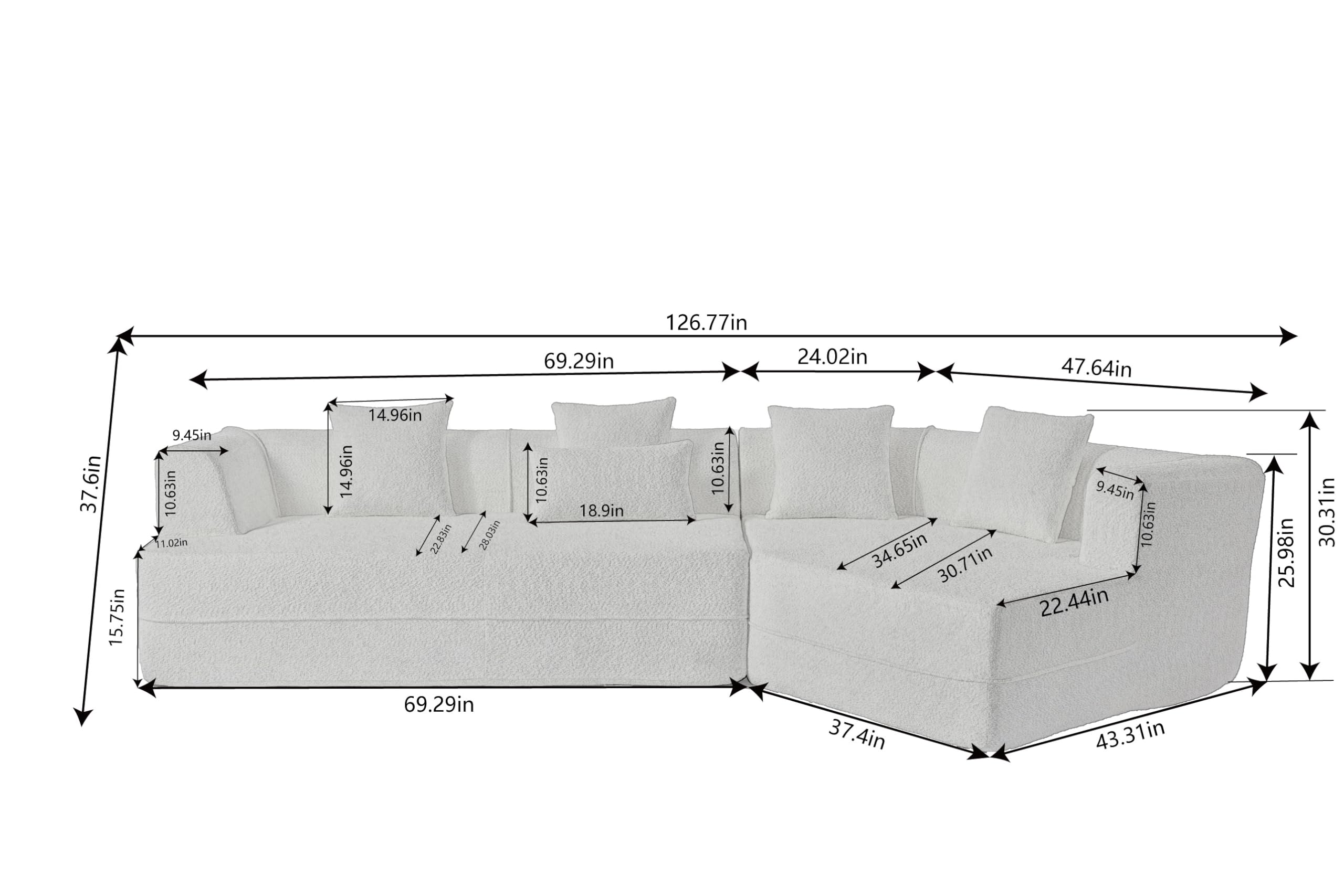 Large Modular Sofa Sectional Couch, 126.77" L-Shape Upholstered Modern Minimalist Cloud Sofas Couch, 28" Deep Seat Free Combination Corner Couchesfor Living Room Apartment, Dark Green Plush Boucle