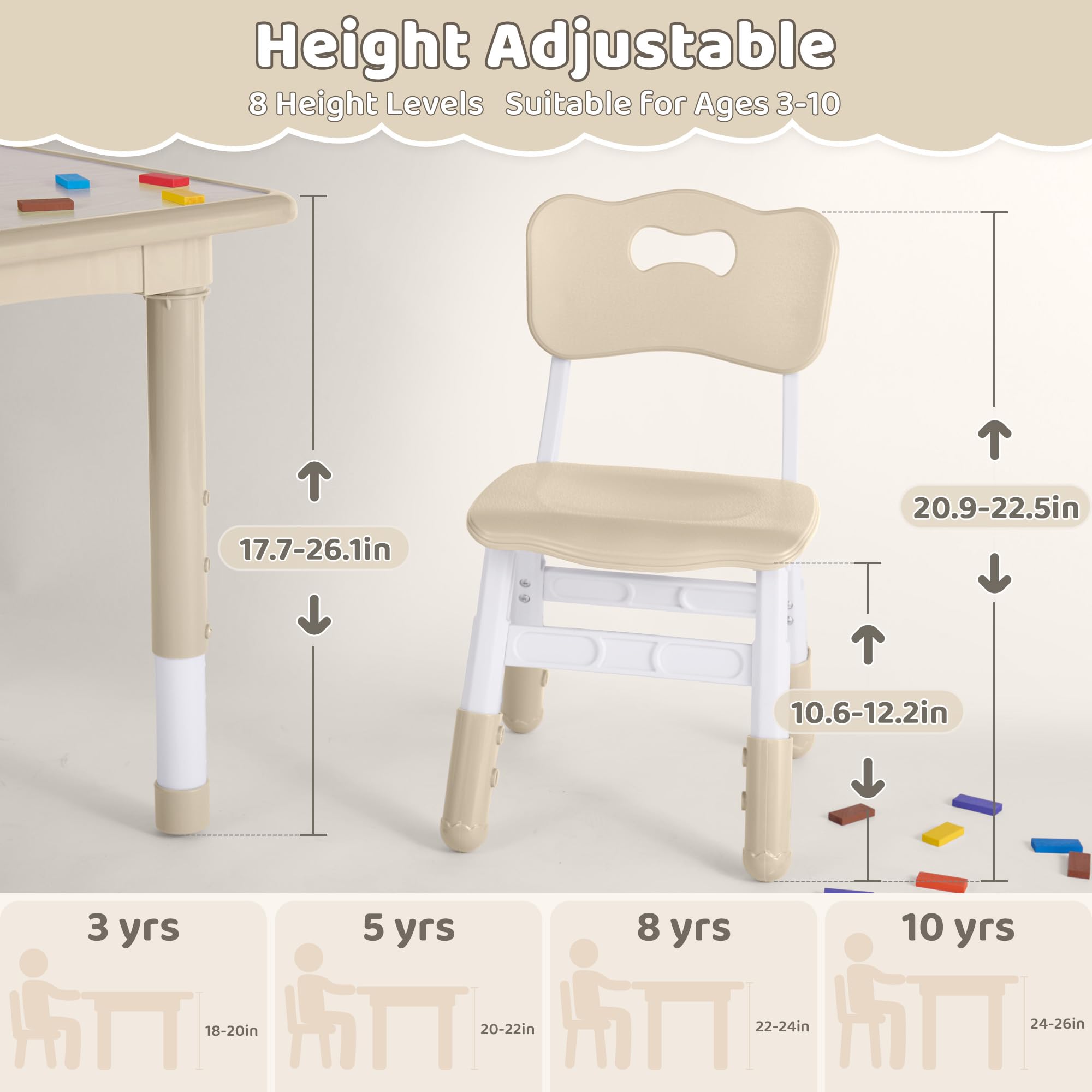 DOREROOM Kids Table and 4 Chairs Set, Height Adjustable (17.7"-26.1") Toddler Table and Chair Set, Multi-Activity Table with Graffiti Desktop, Children’s Table and Chairs for Classroom, Home & Daycare