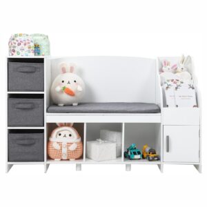 kids bookshelf with reading nook, toddler bookcase with seat cushion and adjustable shelf, storage bench with book rack for bedroom, playroom, nursery, white