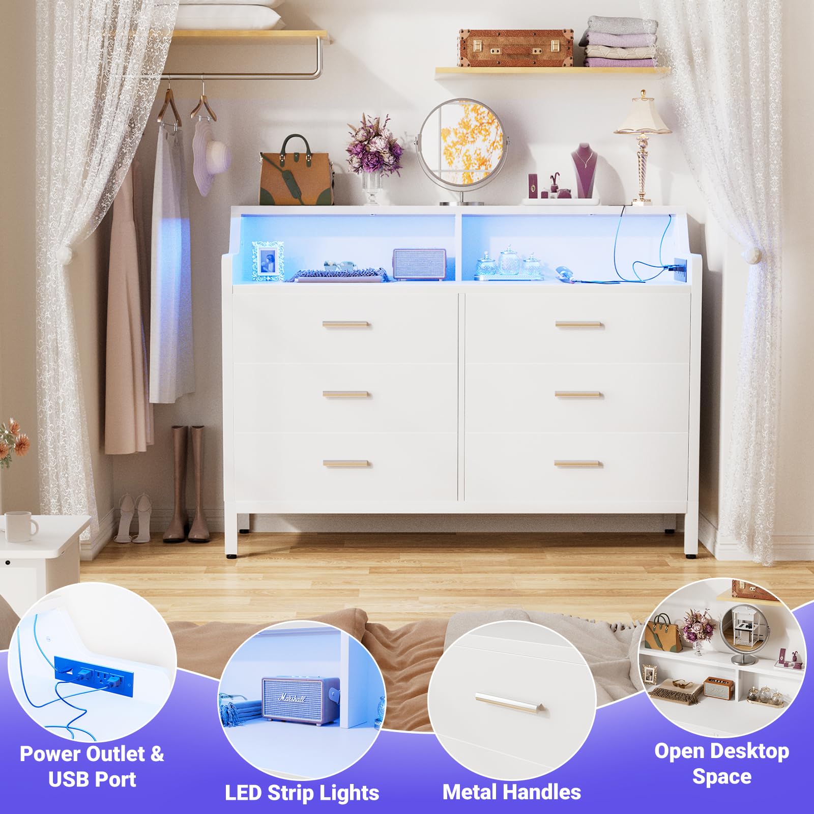 Hyomdeck 6 Drawer Dresser for Bedroom, Wooden Chest of Drawers with Power Outlets and Smart LED Light, Sturdy Modern Bedroom Furniture, Wide Storage Dresser for Living Room, Closet, Entryway, White