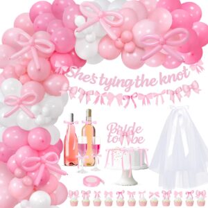 she's tying the knot bridal shower party decorations, pink bow coquette bachelorette party supplies, bow balloon arch, she's tying the knot banner, bride to be cake topper, bow veil & satin ribbon