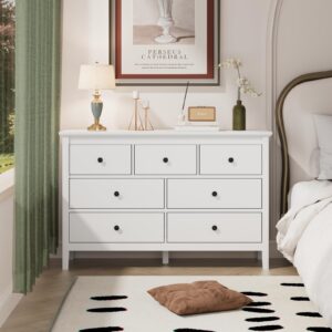 CARPETNAL White Dresser for Bedroom, 7 Drawer Dresser with Wide Drawers and Metal Handles, Woode Dressers & Chests of Drawers for Hallyway, Entryway.