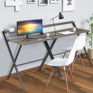 Folding Desk, 31.9 Inch Foldable Writing Table 2 Tier, Computer Desk for Home Office Study, Metal Frames/Wood Table Top, Space Saving, No Assembly Required, Brown