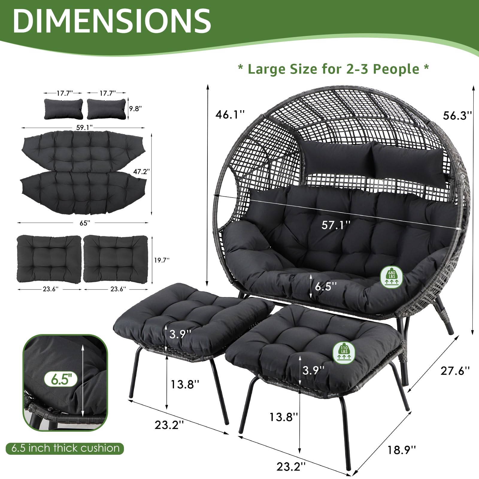 NICESOUL Indoor Outdoor Double Egg Chair with Footstools & Cushions, Oversized Wicker Lounge Chair Extra Large Chair with Footrests Stationary 2 Person Loveseat for Patio Backyard Garden Sunroom Deck