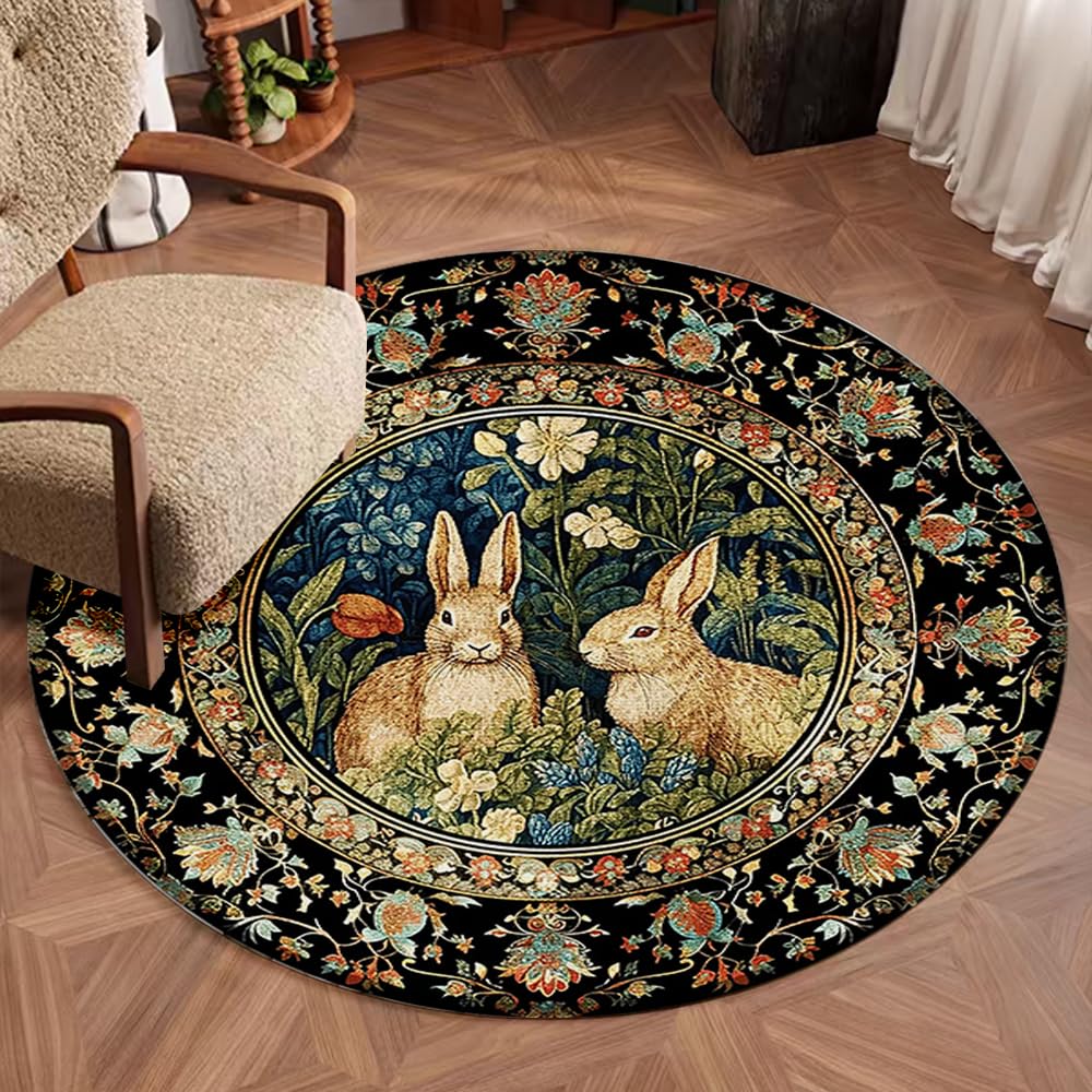 Orlco Art Round Rug,Machine Washable Round Bunny Area Rug with Non Slip Backing,44 Inches Cute Rabbits Bohemian Floral Animal Nursery Rug Floor Decoration Carpet Mat for Living Room,Bedroo