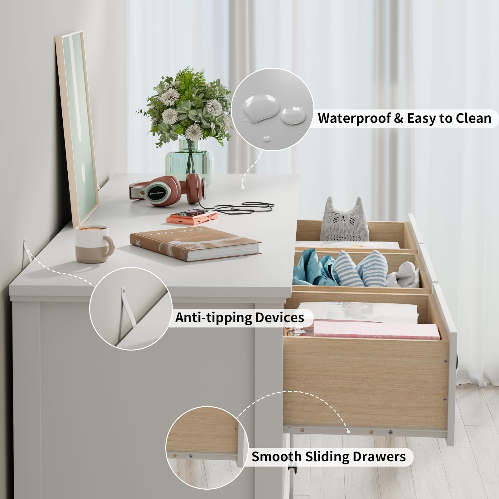 CARPETNAL White Dresser for Bedroom, 7 Drawer Dresser with Wide Drawers and Metal Handles, Woode Dressers & Chests of Drawers for Hallyway, Entryway.