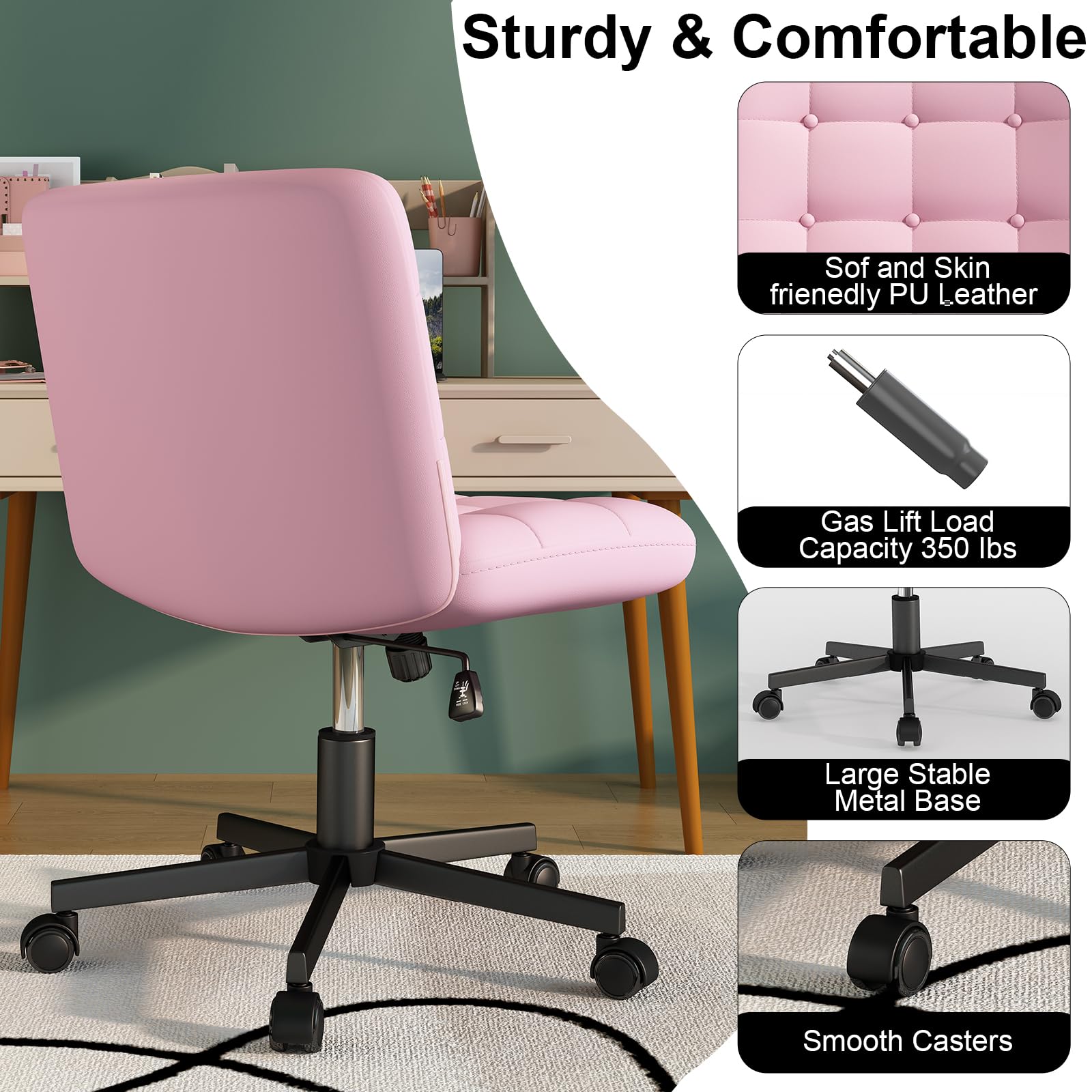 SeekFancy Criss Cross Chair with Wheels, Pink Armless Legged Office Desk Chair Wide Seat, Leather Comfortable Adjustable Swivel Computer Task Vanity Chairs for Small Space, Home Office