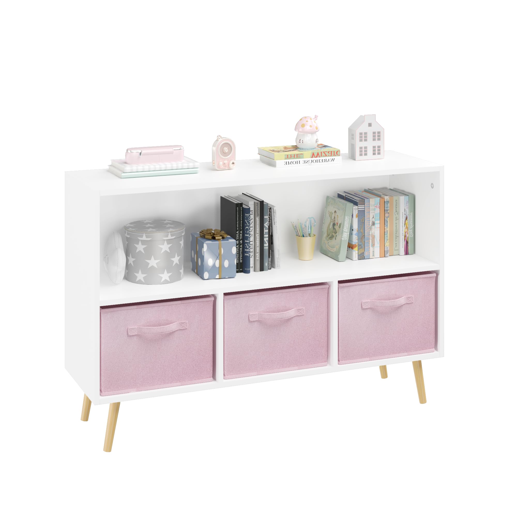 ciaociao Bookcase, Kid's Cubby Toy Storage Cabinet, Toy Storage Cabinet with Collapsible Fabric Drawers for Organizing Toys and Books in Playroom, Nursery or Bedroom (White+Pink)