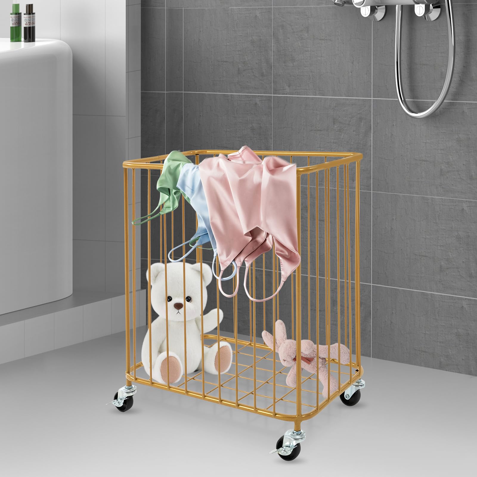 Gold Metal Laundry Hamper with Wheels,Large Capacity Laundry Basket Cart,Rolling Laundry Basket,for Living Room,Bathroom,