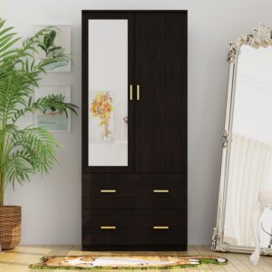 FAMAPY Armoire Wardrobe with Mirror & 2 Drawers, 2-Door Wardrobe with Shelves & Hanging Rod, Gold Metal Handles, for Cloakroom Black-Brown (31.5”W x 18.9”D x 72”H)