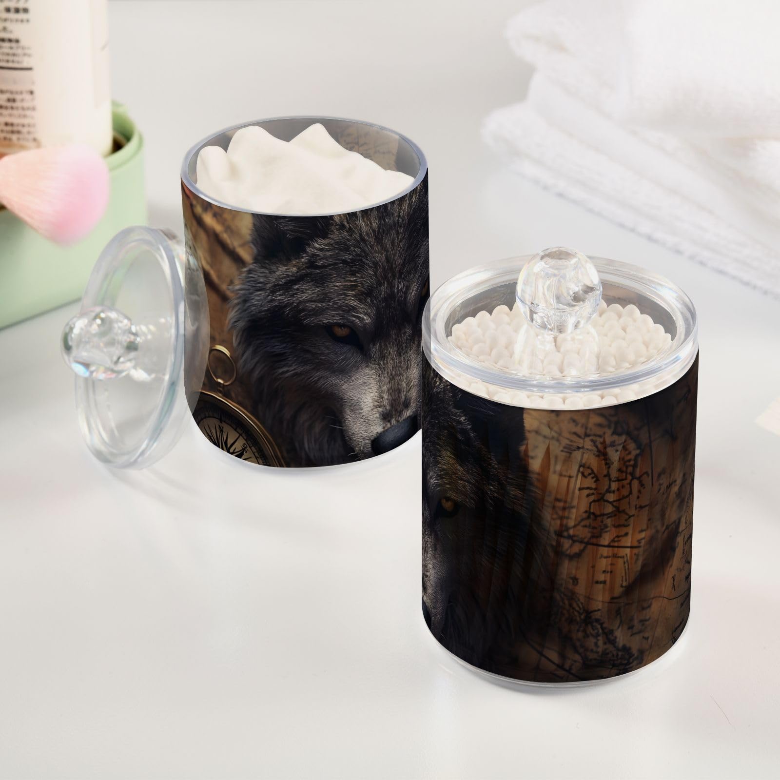 YMGQYJ 2 Pack Wolf Head Map Qtip Cotton Ball Holders Dispenser with Lid, Plastic Jars Bathroom Canisters Storage Organizer