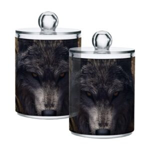 ymgqyj 2 pack wolf head map qtip cotton ball holders dispenser with lid, plastic jars bathroom canisters storage organizer