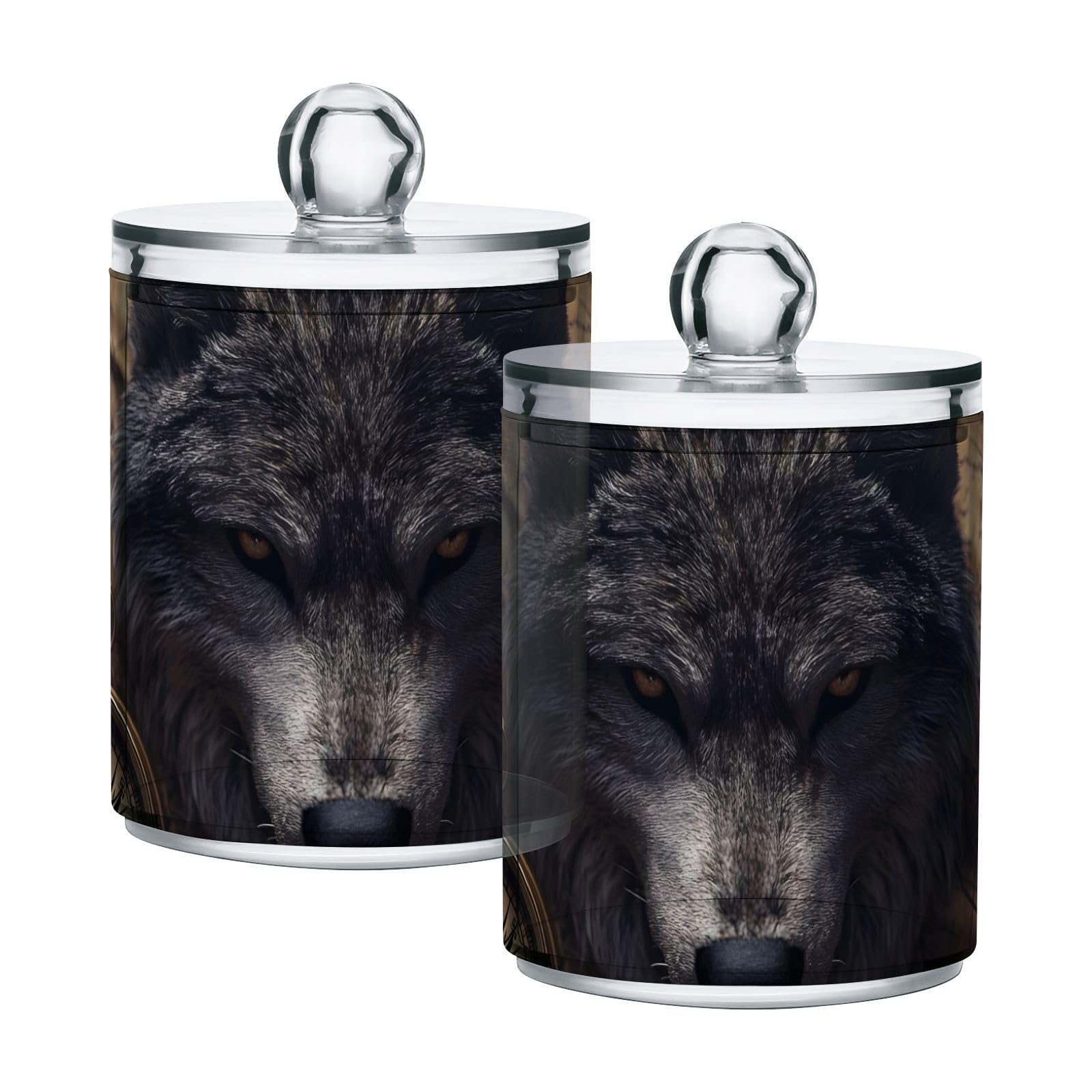 YMGQYJ 2 Pack Wolf Head Map Qtip Cotton Ball Holders Dispenser with Lid, Plastic Jars Bathroom Canisters Storage Organizer