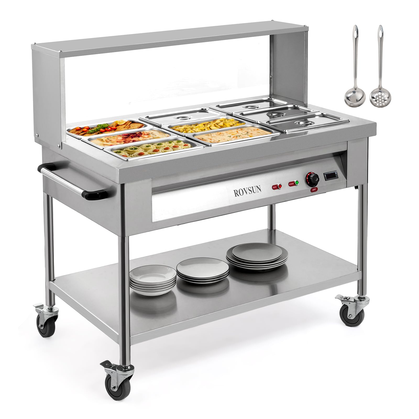 ROVSUN Electric Commercial Food Warmer 72QT 1500W, 9-Pan Steam Table 8QT/Pan Stainless Steel Bain Marie w/Acrylic Shield Overshelf Undershelf Temperature Control & Lid for Buffet Restaurant 110V