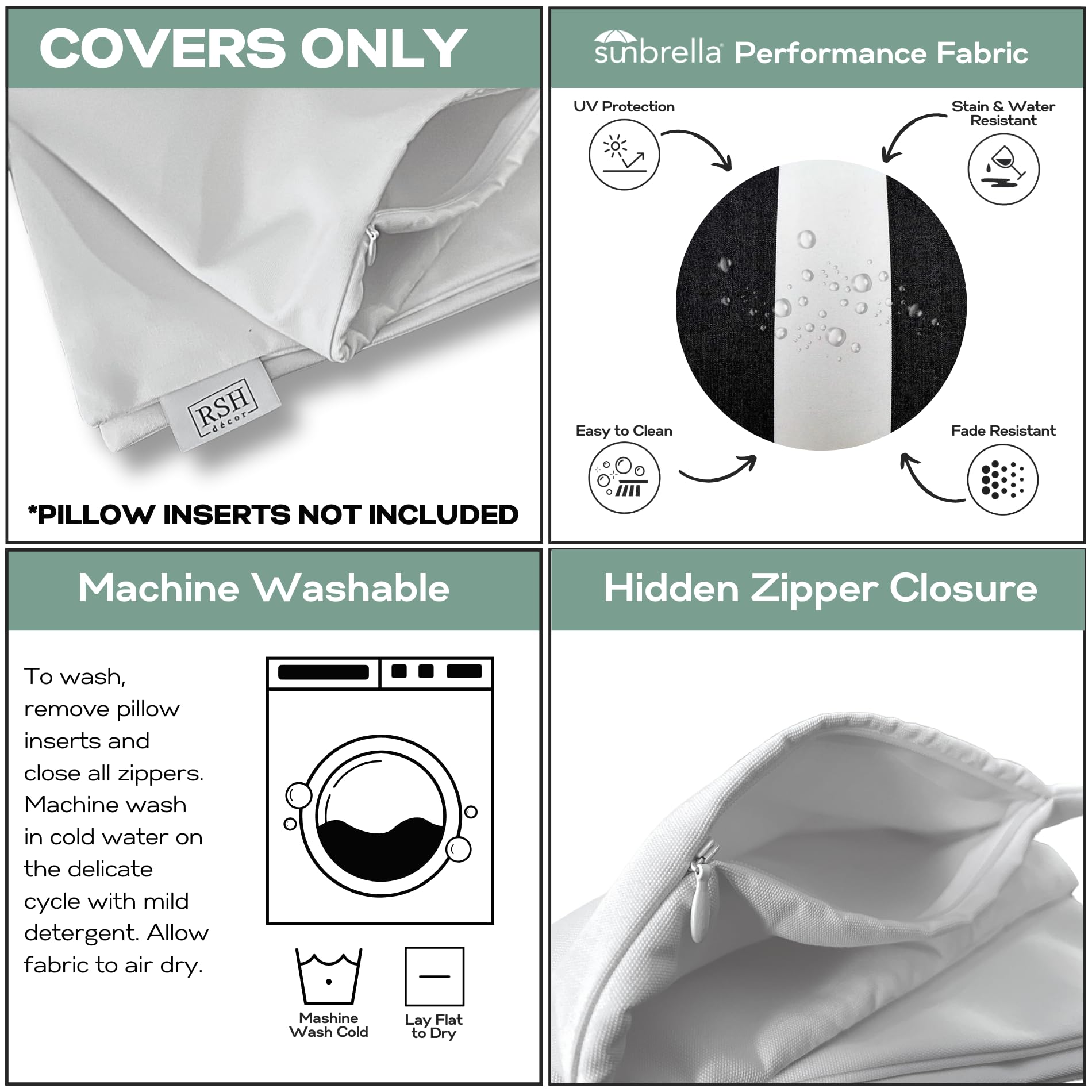 RSH DECOR: Sunbrella Pillow Covers Set of 4 | Covers Only - 26" x 16" | Outdoor Lumbar Pillow Covers Crafted with Sunbrella Performance Fabric | Stanton Lagoon