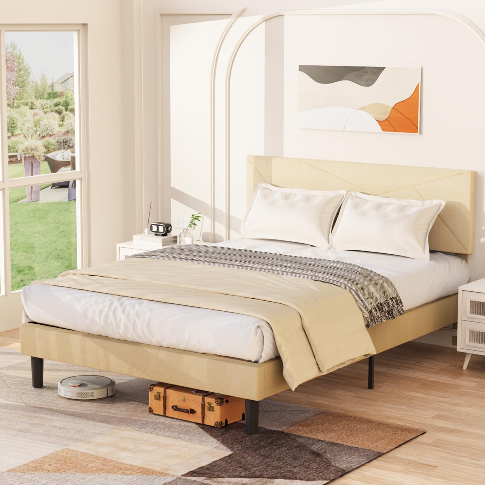 Flolinda Queen Size Bed Frame with Fabric Upholstered Headboard, Queen Bed Frame with Wooden Slats Support, Fully Upholstered Mattress Foundation, No Box Spring Needed, Easy Assembly, Beige