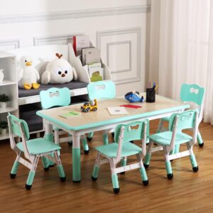 milleloom kids table and chair set, height adjustable toddler arts & crafts table and 6 chair set for ages 2-10,max 300lbs kids activity art table for classroom daycares,home