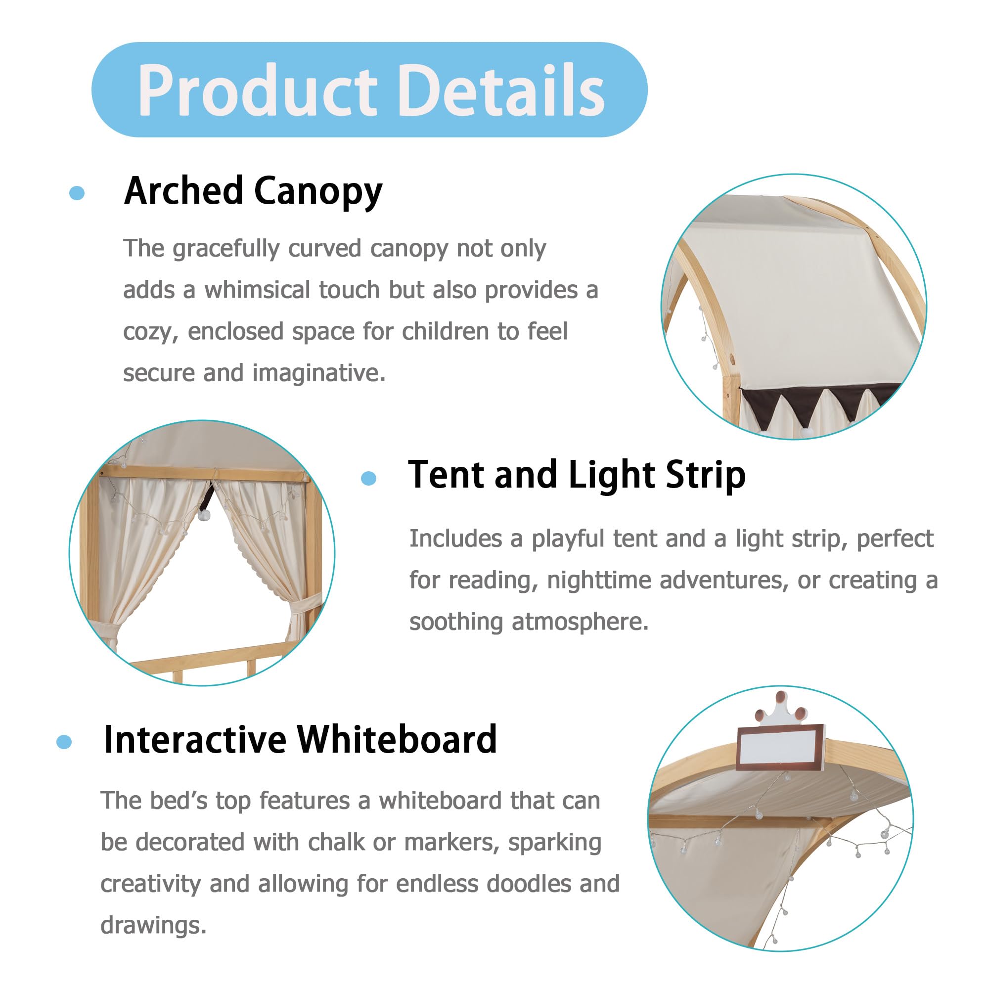 Polibi Twin Size Extended Bed with Arched Canopy, Trundle and Light Strip, Wooden Canopy Bed with Whiteboard (Natural)