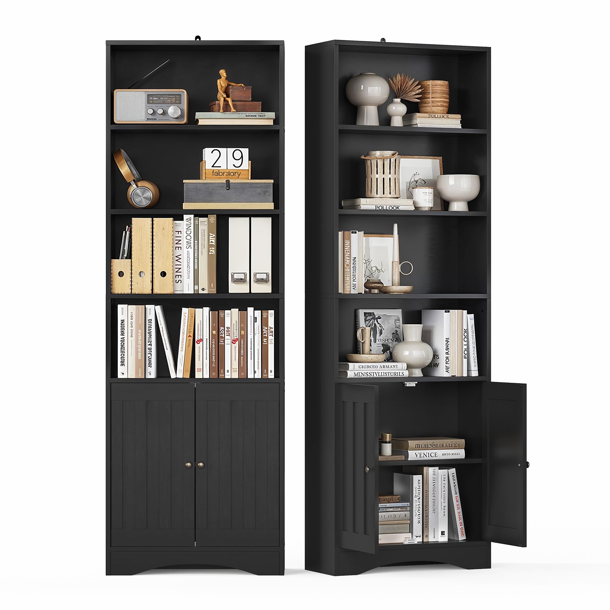 Gizoon Bookcase, Bookshelves and Bookcases, 71” 6-Shelf Bookcase with Doors, Floor Standing Display Storage Shelves, with Adjustable Shelves, for Home, Office, Living Room, Bedroom, Black