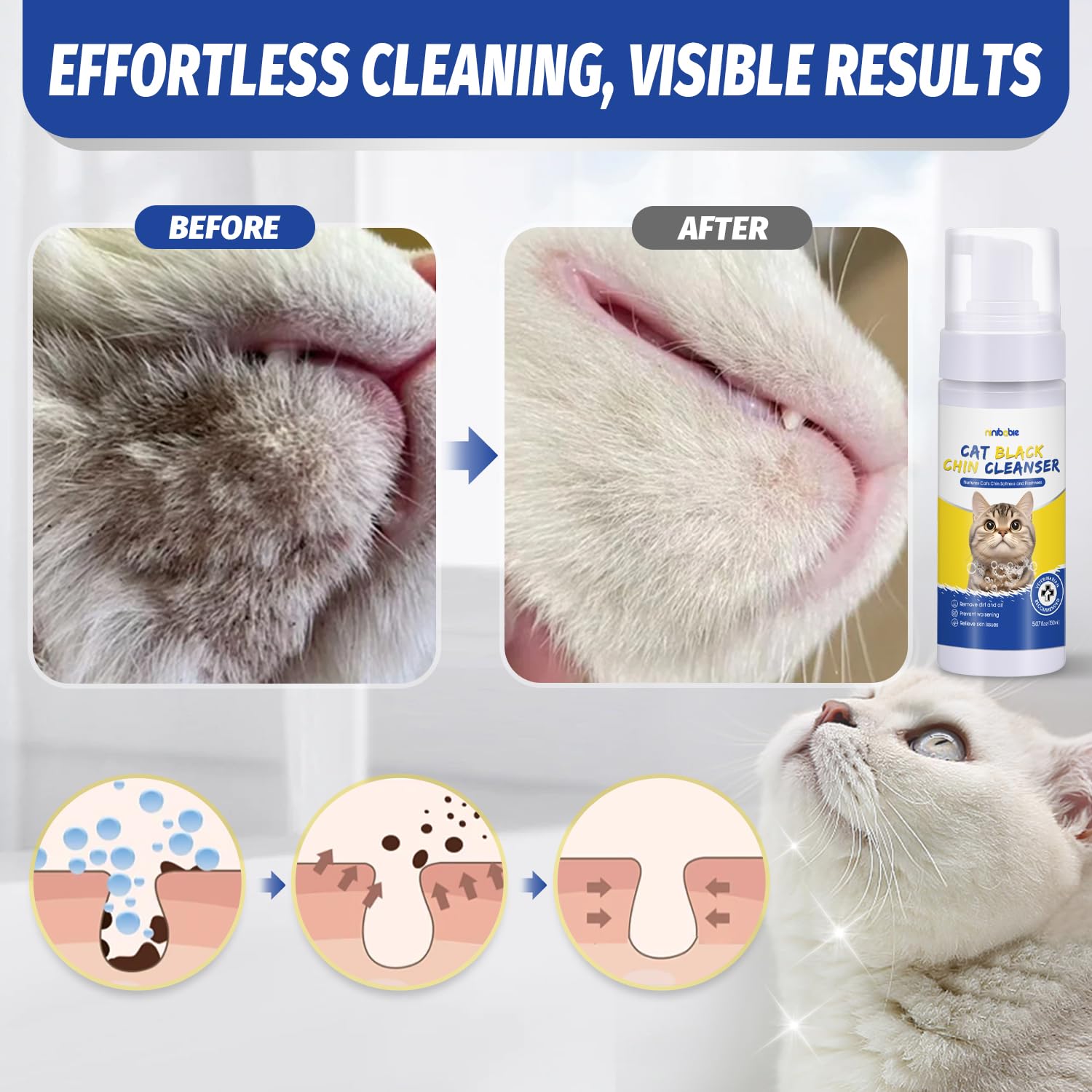 Ninibabie Cat Acne Chin Treatment,Cat Black Seed Cleaner,Improved Skin Health and Black Seed Removal,Updated Cat Ance Brush,Soothes Chin Acne,Oil Control 5.07fl.oz