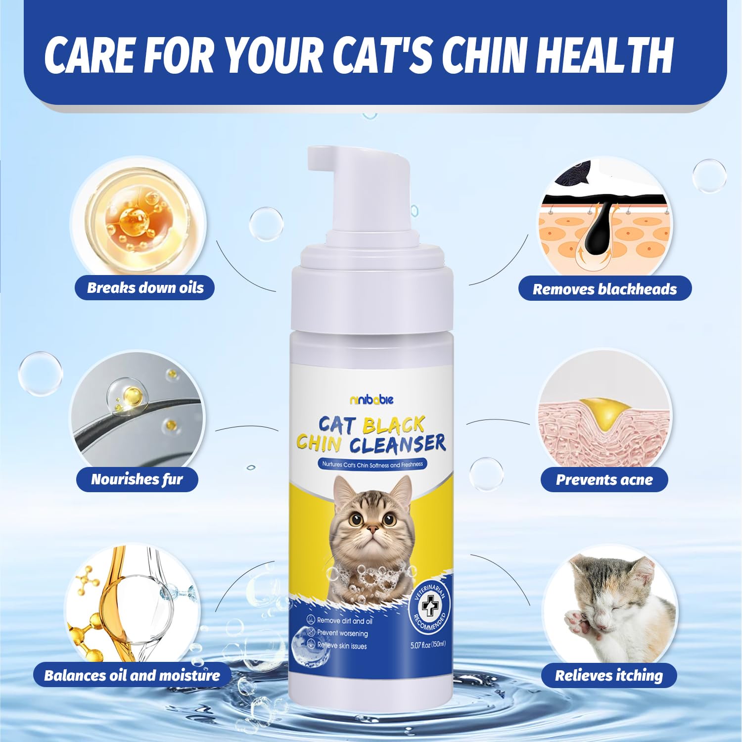 Ninibabie Cat Acne Chin Treatment,Cat Black Seed Cleaner,Improved Skin Health and Black Seed Removal,Updated Cat Ance Brush,Soothes Chin Acne,Oil Control 5.07fl.oz