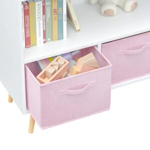 ciaociao Bookcase, Kid's Cubby Toy Storage Cabinet, Toy Storage Cabinet with Collapsible Fabric Drawers for Organizing Toys and Books in Playroom, Nursery or Bedroom (White+Pink)