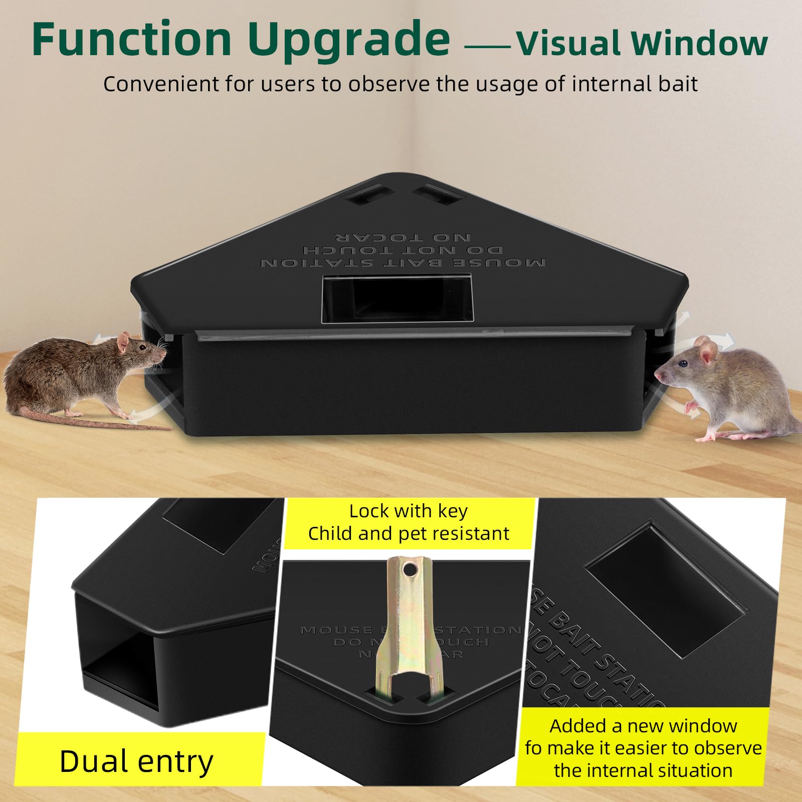 Upgraded Mouse Bait Station with Keys & Visible Window Indoor Outdoor for Rats Mice Rodents, Reusable Mouse Poisoning Bait Blocks Trap, Friendly for Children & Pets (8 Pack, Black)