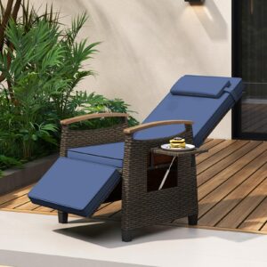 RELAX4LIFE Rattan Outdoor Recliner Chair - Wicker Chaise Lounge Chair w/Adjustable Back & Footrest, Acacia Wood Armrests, Flip Side Table, Cushion, Reclining Patio Chair for Pool Yard (1, Navy)