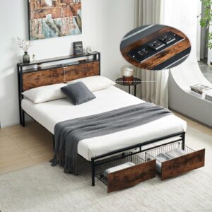 full size bed frame, headboard with usb charging station, platform bed with 2 drawers, no box spring needed, with reinforced strong support legs and headboard, vintage brown