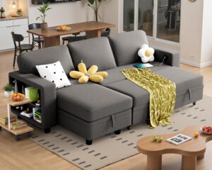 yeshomy convertible sofa bed with pull-out sleeper, living room couch with built-in storage space, gray