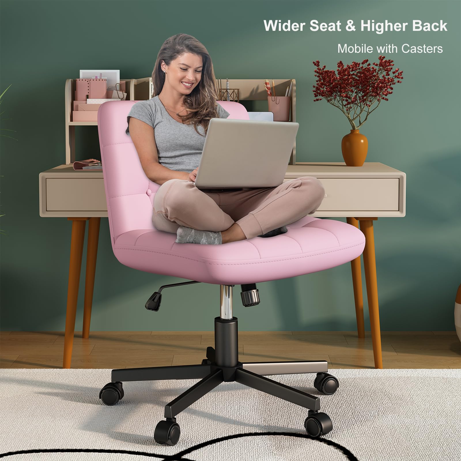 SeekFancy Criss Cross Chair with Wheels, Pink Armless Legged Office Desk Chair Wide Seat, Leather Comfortable Adjustable Swivel Computer Task Vanity Chairs for Small Space, Home Office