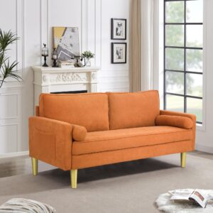 Aoowow Orange Loveseat Sofa Couch, 2 Seater Sofa Futon Lounge Sofa for Bedroom, Mid Century Modern Decor Office Love Seat Couches with Side Pockets and Round Pillows, Small Couches for Living Room