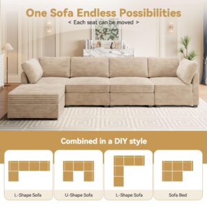 CAODOC Modular Sectional Sofa with Chaise U Shaped Sectional Couch for Living Room, 8-Seater Comfy Cloud Couches with One Movable Ottoman, Plush Corduroy, Beige