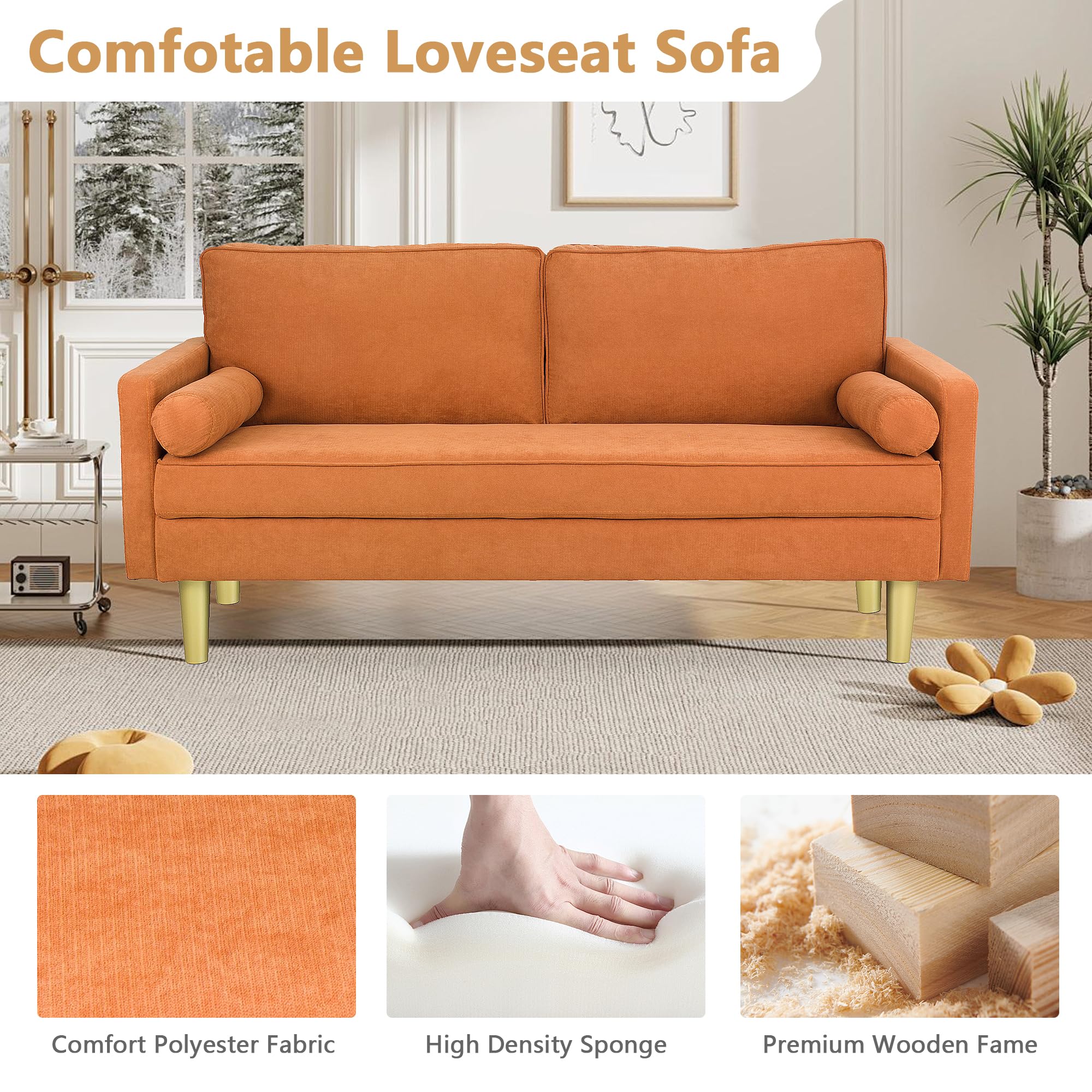 Aoowow Orange Loveseat Sofa Couch, 2 Seater Sofa Futon Lounge Sofa for Bedroom, Mid Century Modern Decor Office Love Seat Couches with Side Pockets and Round Pillows, Small Couches for Living Room