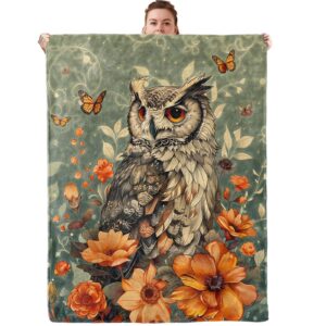 orange floral and owl throw blanket bedding gifts, for girls boys kids, 50x60 in, woodland wisdom animal themed flannel blankets for bed, travel, camping, sofa, room decor, cozy warm plush soft